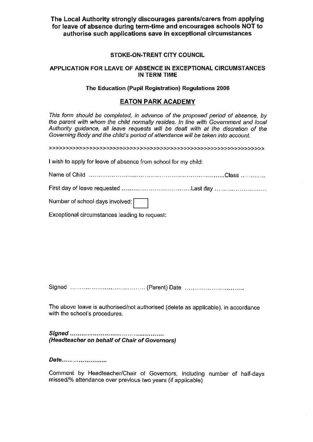 Absence-request-form – Eaton Park Academy | Stoke on Trent | Part of ...